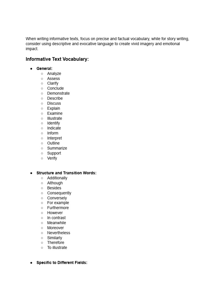 Vocabulary for Informative and Story Writing | PDF | Earth Sciences
