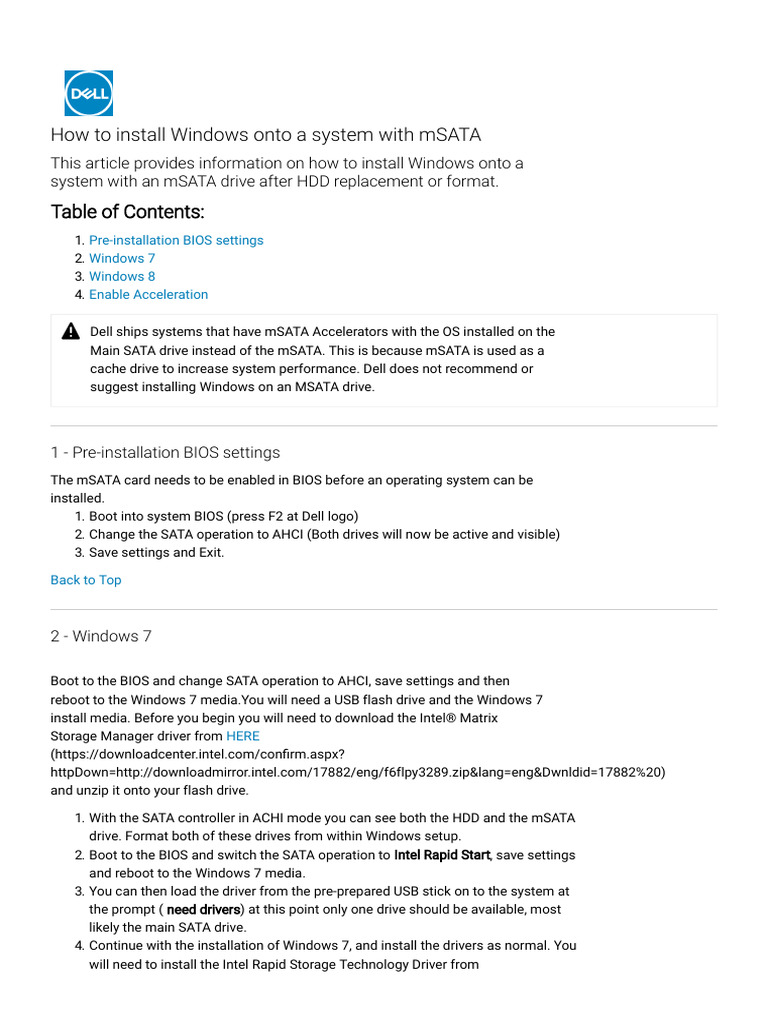 How To Install Windows Onto A System With mSATA - Dell US | PDF | Booting | Bios