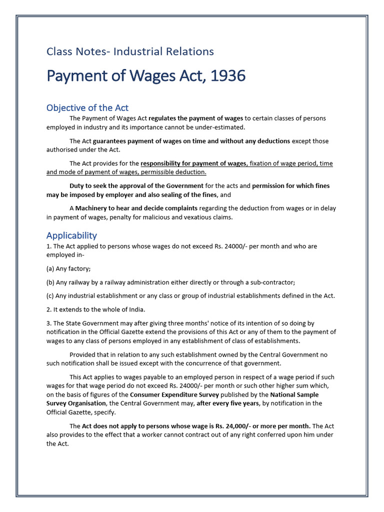 Lecture 12- Payment of Wages Act, 1936 | PDF | Employment | Tax Deduction