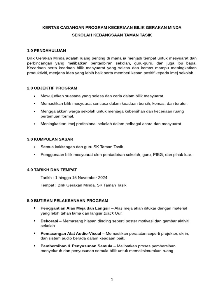 KERTAS KERJA PROGRAM KECERIAAN BILIK GERAKAN MINDA | PDF