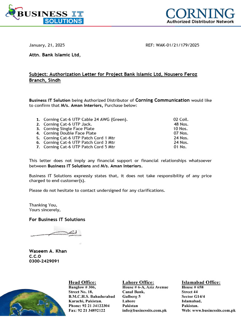 Authorization Letter for Corning Products | PDF