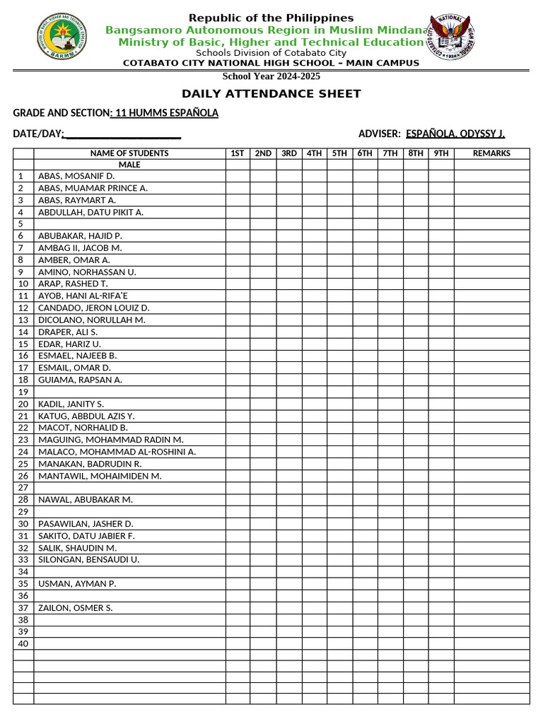 Daily Attendance Sheet for Grade 11 HUMMS | PDF