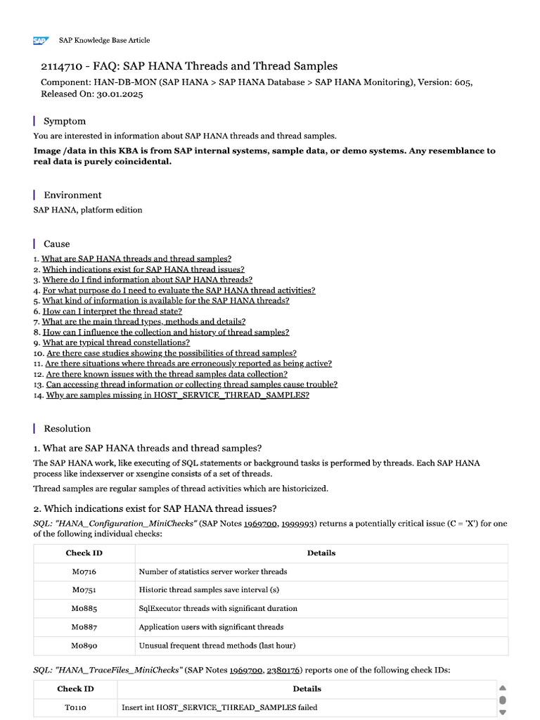 FAQ SAP HANA Threads and Thread Samples | PDF