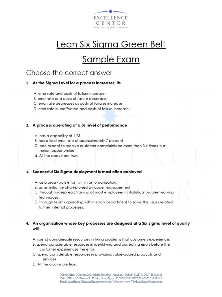Lean Six Sigma Green Belt Sample Exam | PDF | Six Sigma | Standard ...