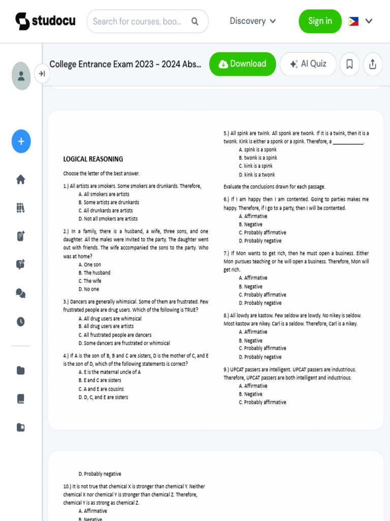 Logic Entrance Exam Reviewer 2023-2024 | PDF | Cognition | Reasoning