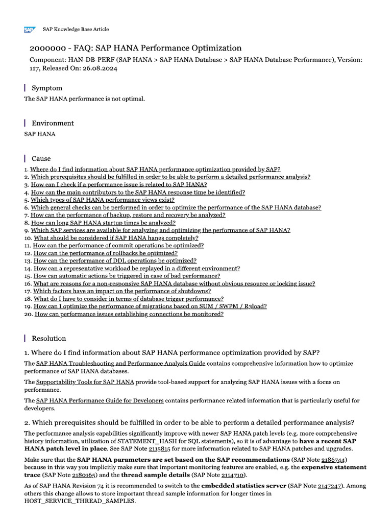 FAQ SAP HANA Performance Optimization | PDF