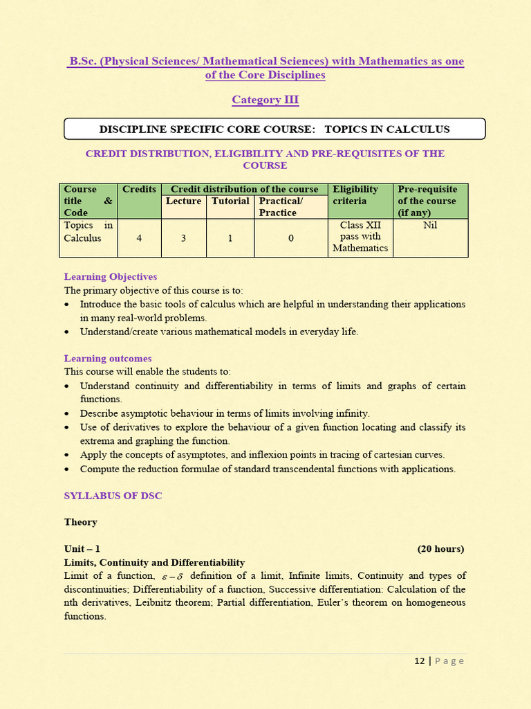 Syllabus UGCF Mathematics (2022 23) | PDF | Derivative | Function (Mathematics)