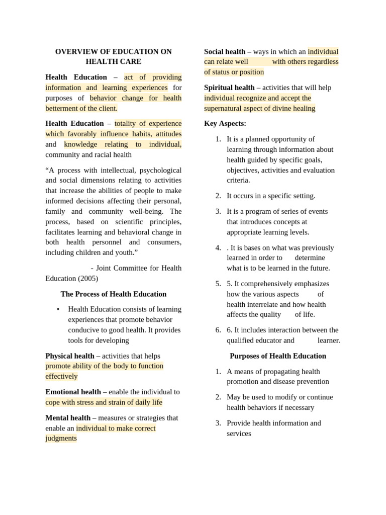 NCM 102 Overview of Education On Health Care | PDF | Learning | Nursing