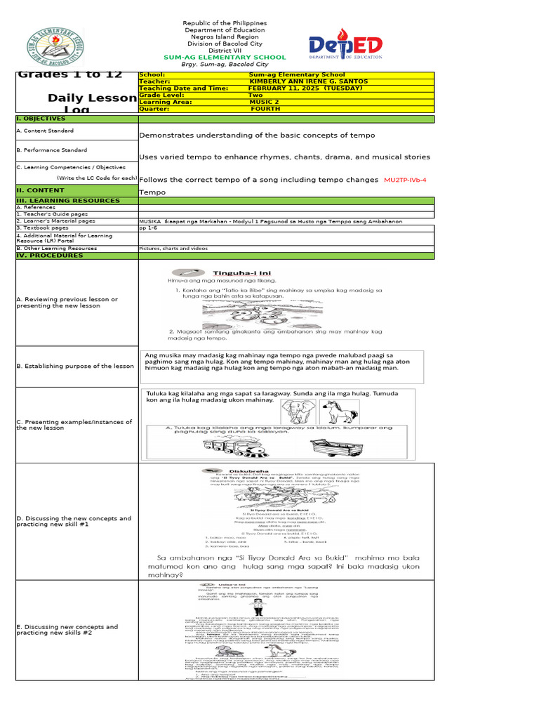 Music 2 Q4 Week 1: Tempo Lesson Plan | PDF | Teachers | Learning