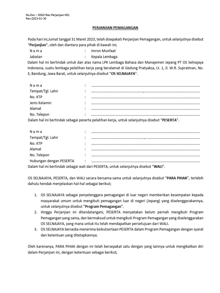 【1年】230130 GJ - MASTER PERJANJIAN PROGRAM MAGANG (Final - Kontrak 1 Tahun) 5 | PDF