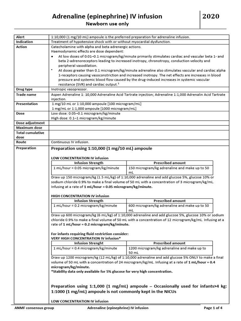 Newborn Adrenaline IV Infusion Guide | PDF | Shock (Circulatory ...