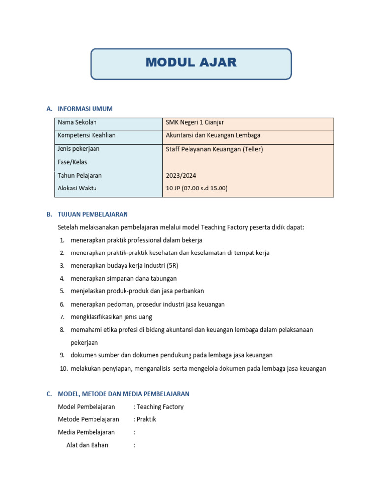 Modul Ajar TEFA AKKUL Teller | PDF