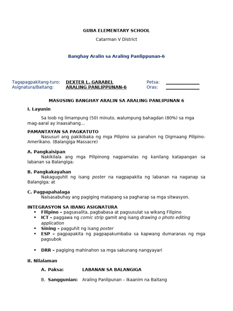 AP 6) - Labanan Sa Balangiga 4as Detailed LP | PDF