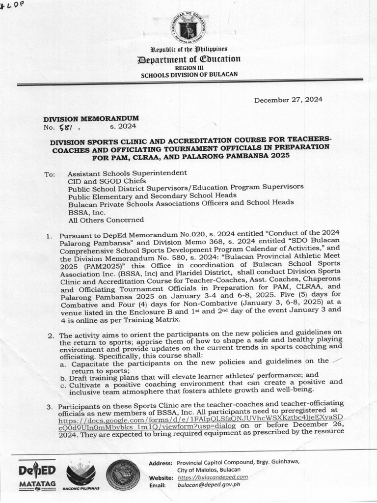 Division Memorandum No 581 S 2024 | PDF