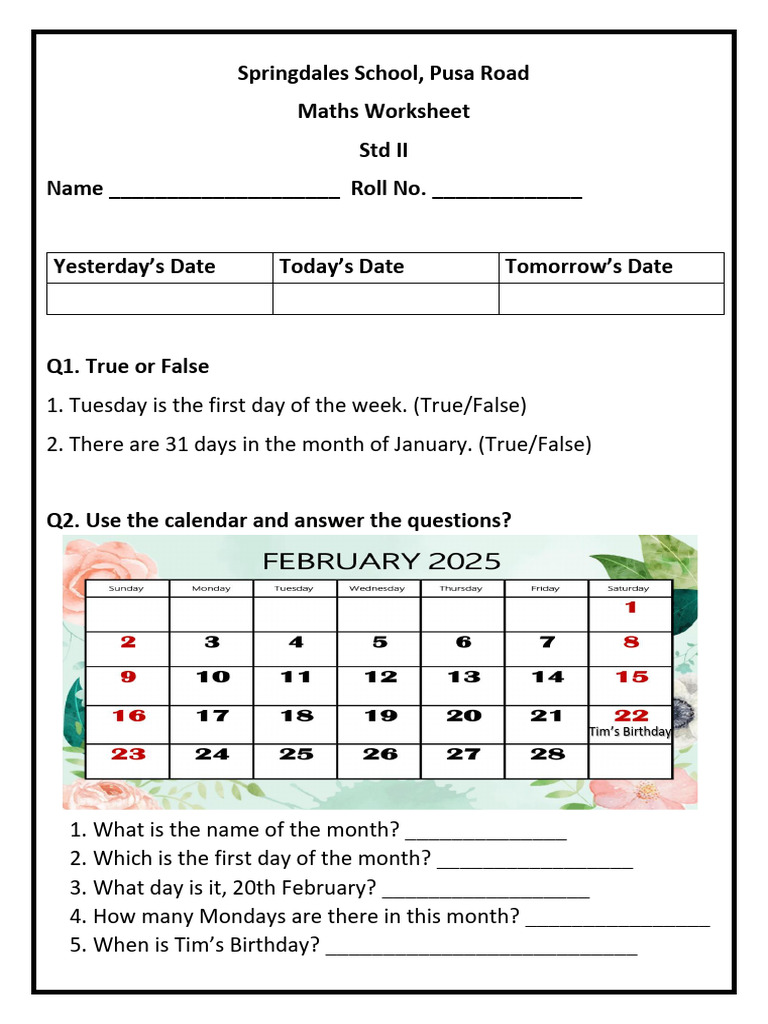 Std II Maths Worksheet on Time | PDF