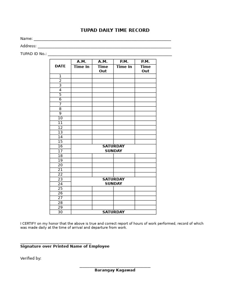 Tupad Daily Time Record | PDF