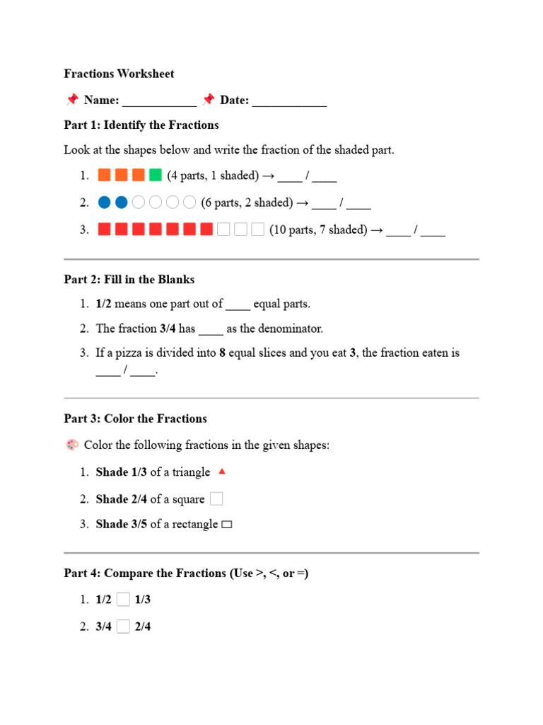Fractions Practice Worksheet | PDF