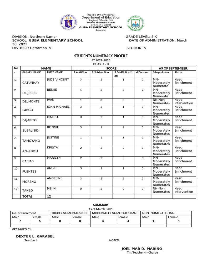 Numeracy-Profile G5&6 Quarter 3 | PDF | Philippines | Public Administration