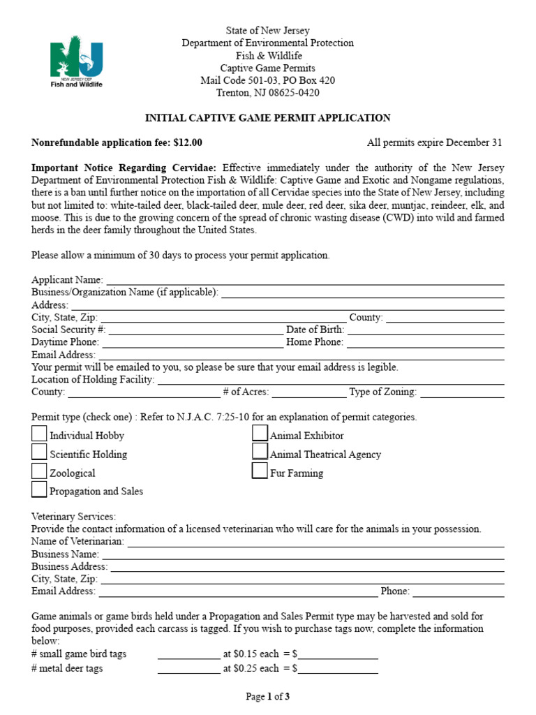 Captive Game Permit Initial Application | PDF | Deer