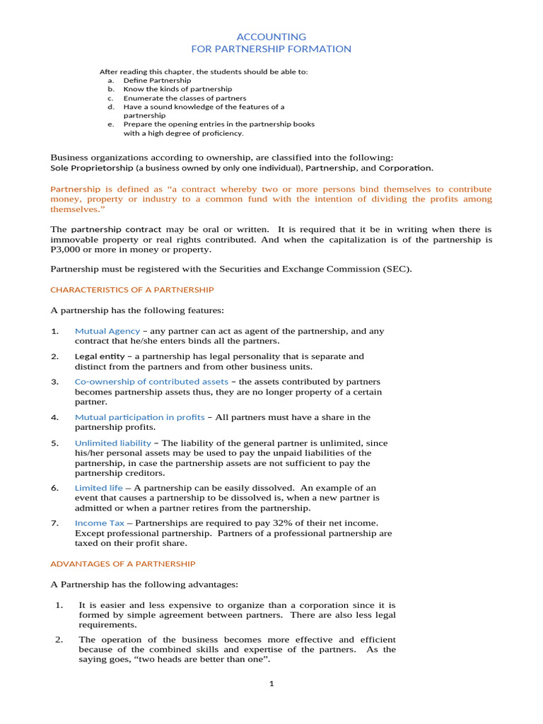 Accounting For Partnership Formation | PDF | Debits And Credits | Partnership