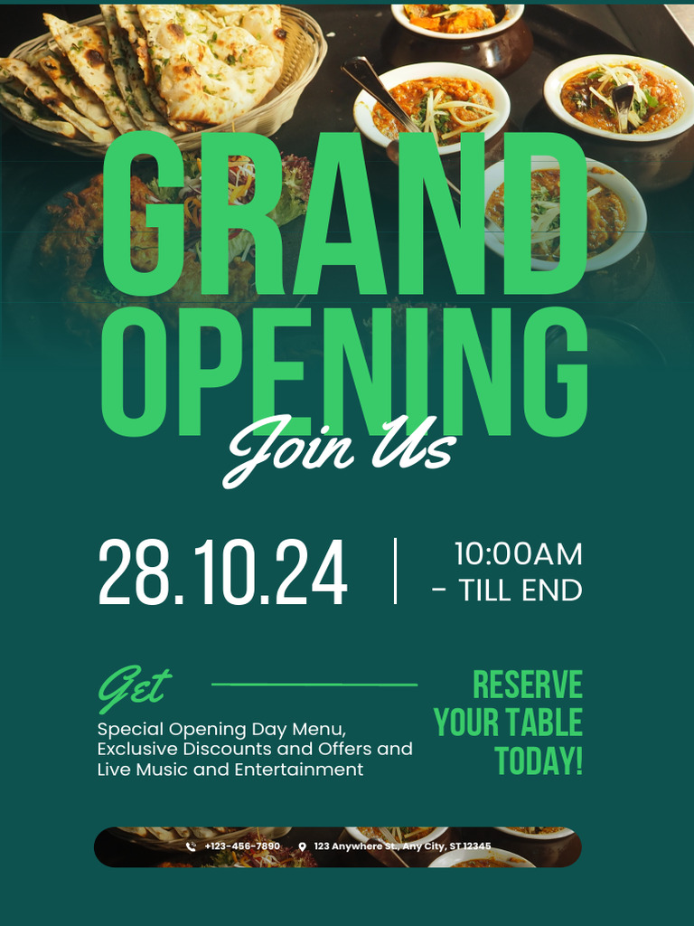 Green Minimalist Grand Opening Restaurant Flyer Portrait | PDF
