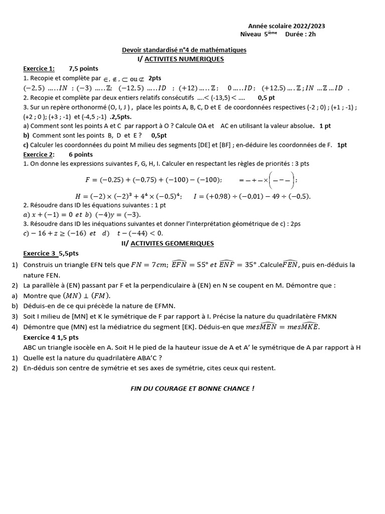 Devoir N°2 Second Semestre 2023 5ème PMS | PDF