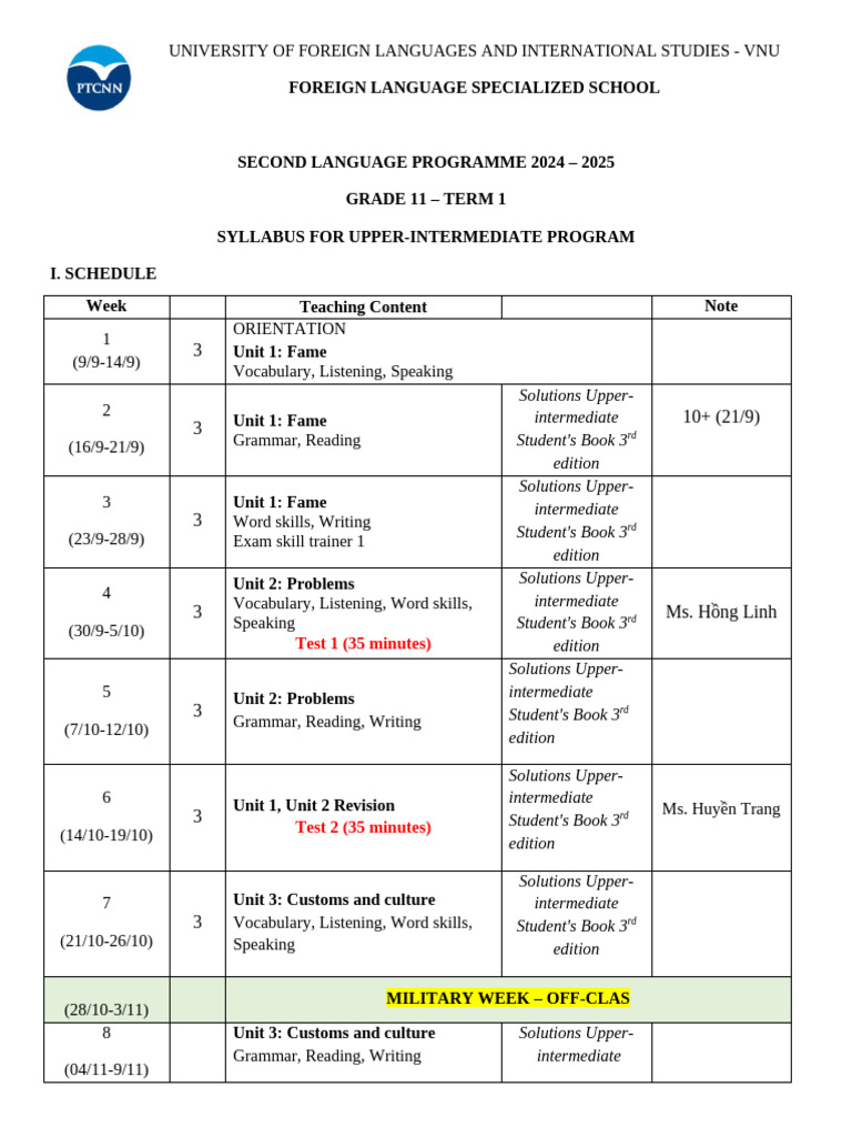 24-25 NN2-K11-Lịch trình-UpperInter | PDF | Vocabulary | Reading Comprehension