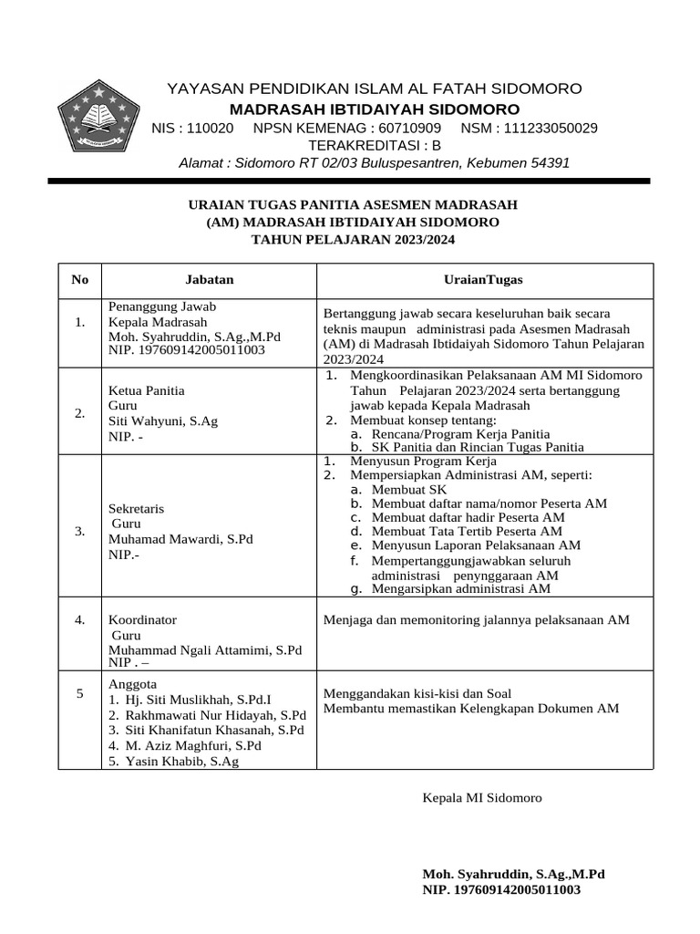 Uraian Tugas Panitia AM | PDF