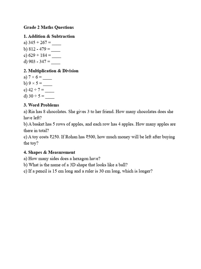 Grade 2 Maths Questions | PDF