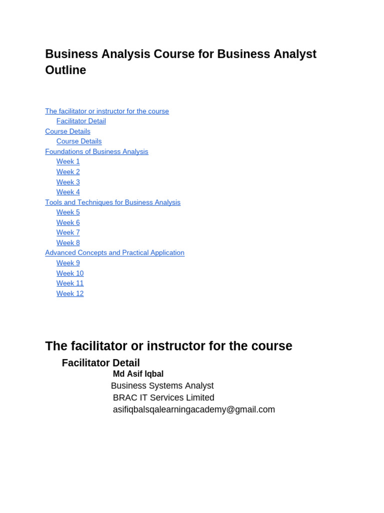 Business Analysis Course Outline | PDF | Business Analysis | Software ...