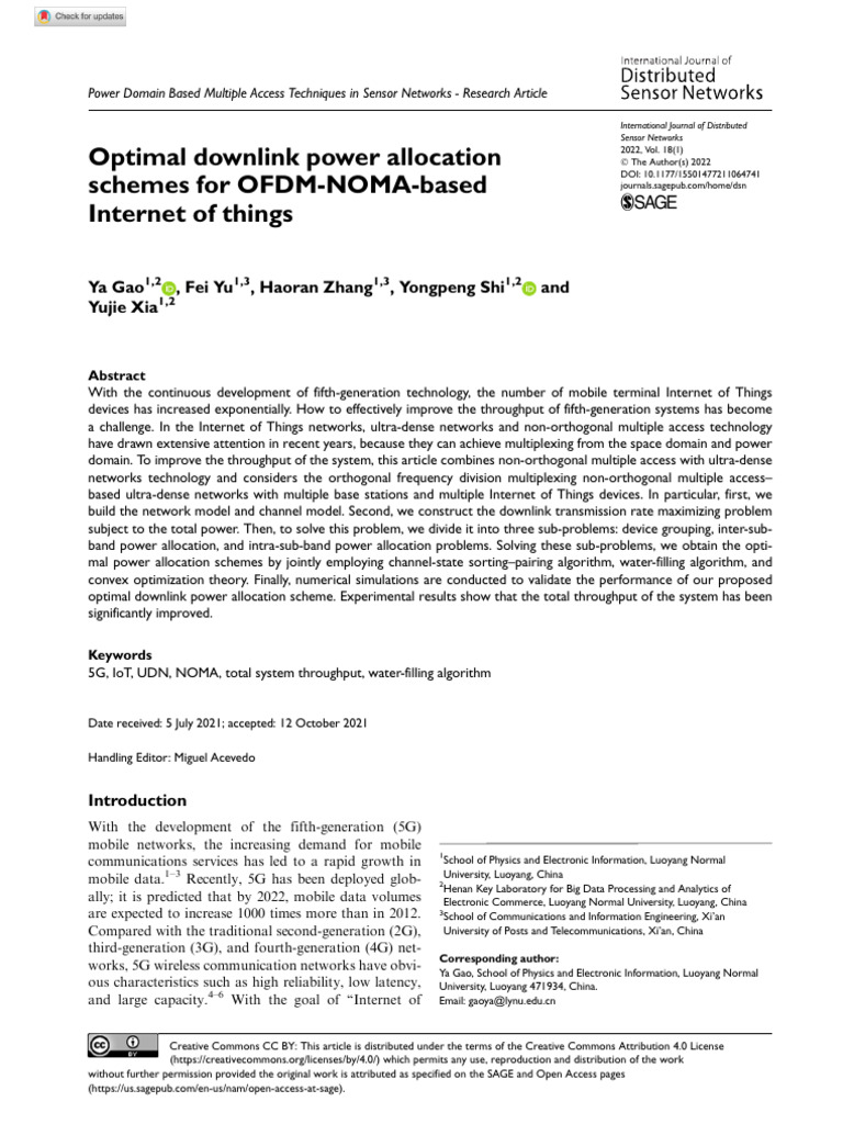 Gao Et Al 2022 Optimal Downlink Power Allocation Schemes For Ofdm Noma Based Internet of Things ...
