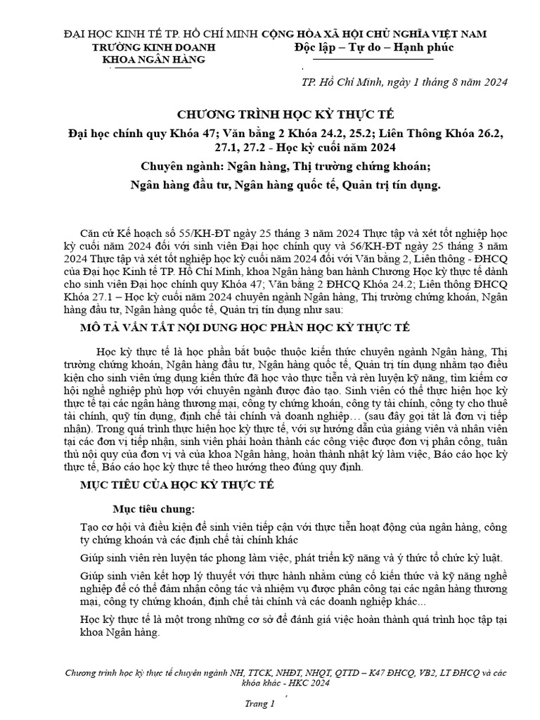 Chuong Trinh Hoc Ky Thuc Te K47 DHCQ VB2LT DHCQ Va Cac Khoa Khac HKC 2024 1 | PDF