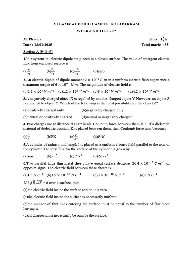 XI Physics Weekend Test 02 | PDF | Electric Field | Force