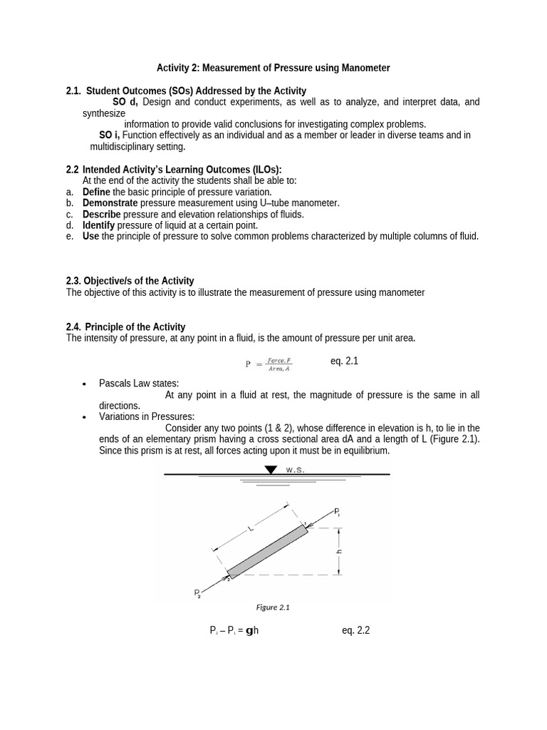 LABORATORY EXPERIMENT 2 | PDF | Pressure | Pressure Measurement