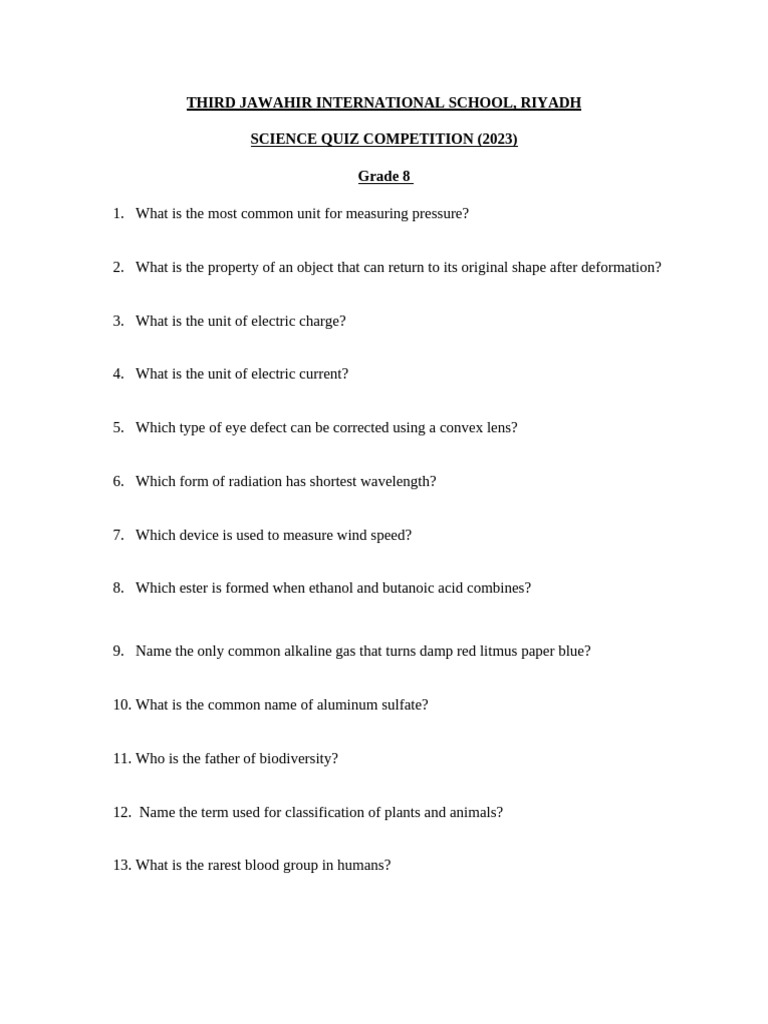 Grade 8 Science Quiz Questions | PDF