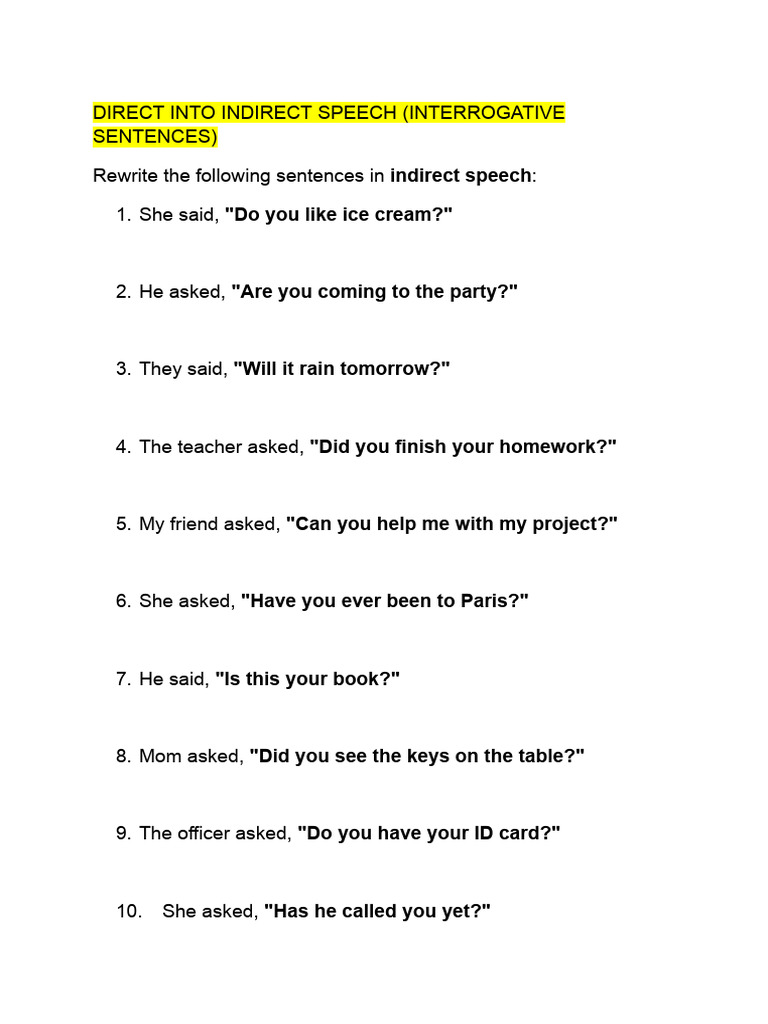 Indirect Speech: Interrogative Sentences | PDF