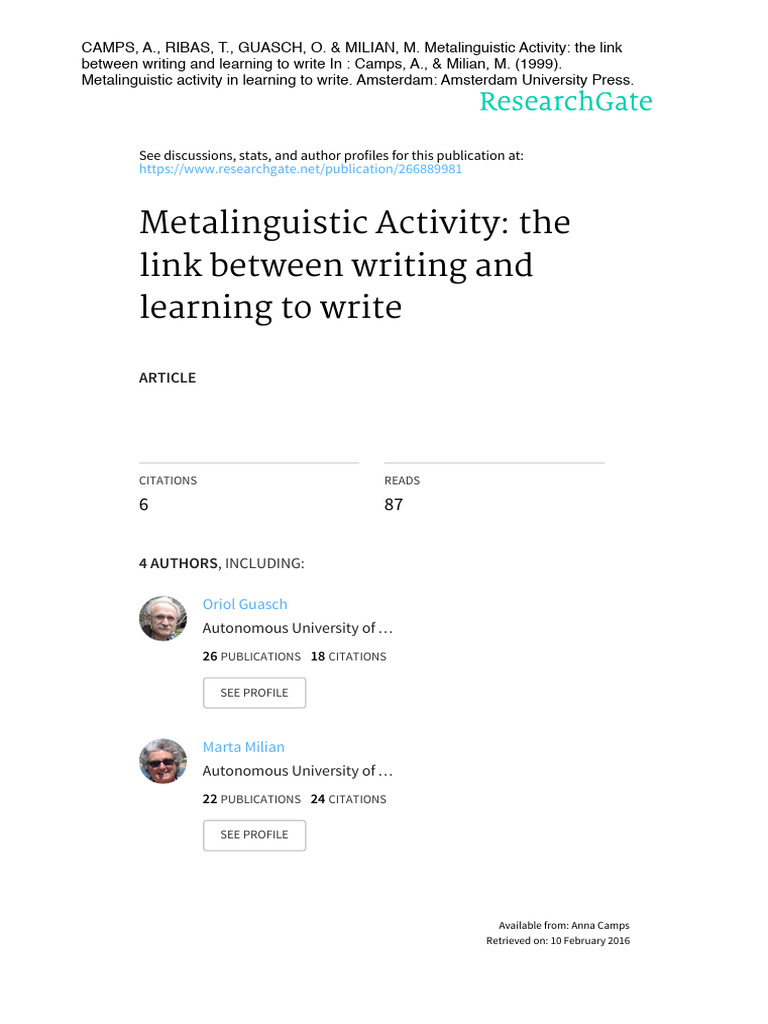 CAMPS - Al - 2000 - Metalinguistic Activity The Link Between Writing ...