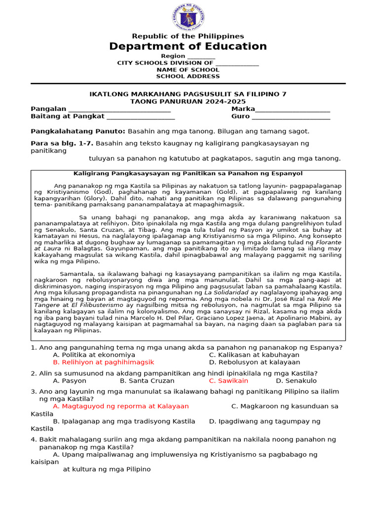 Markahang Pagsusulit-Fil7-Q3 - Highligted Answers | PDF