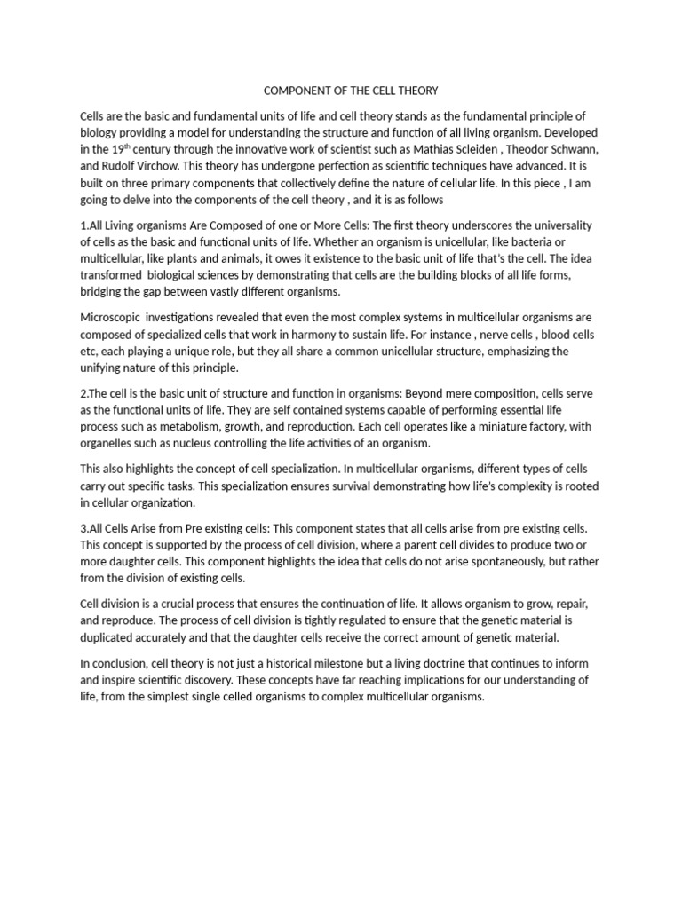 COMPONENT OF THE CELL THEORY | PDF | Cell (Biology) | Life