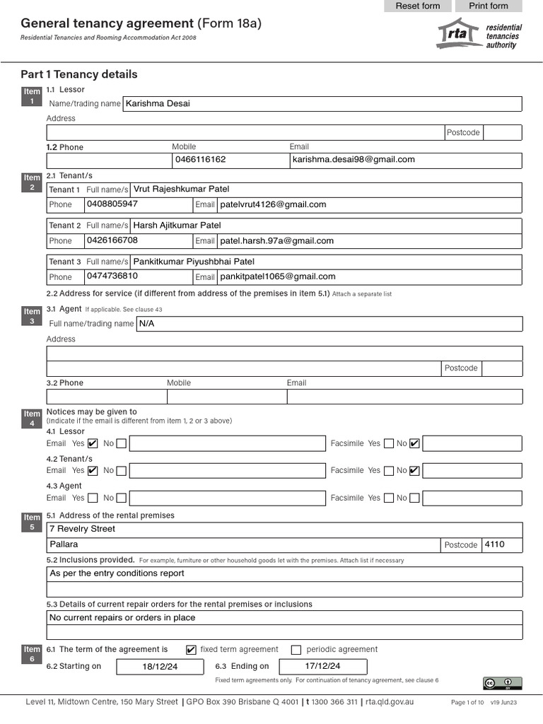 General Tenancy Agreement QLD | PDF | Leasehold Estate | Lease