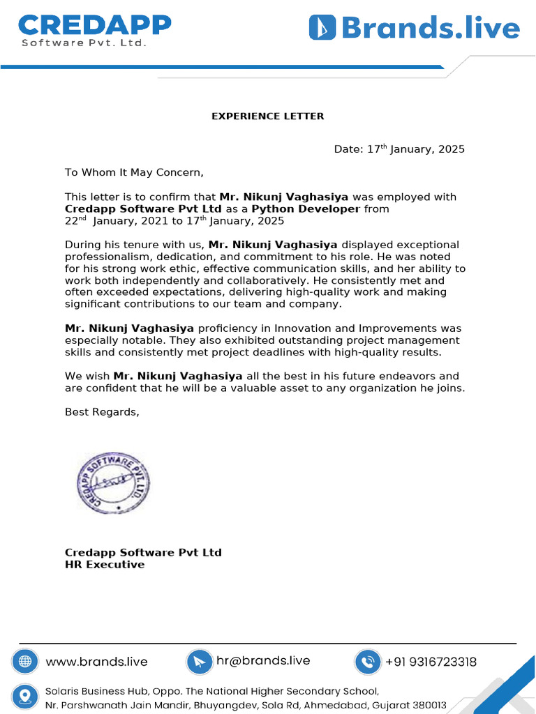 Experience - Letter - Nikunj Vaghasiya | PDF