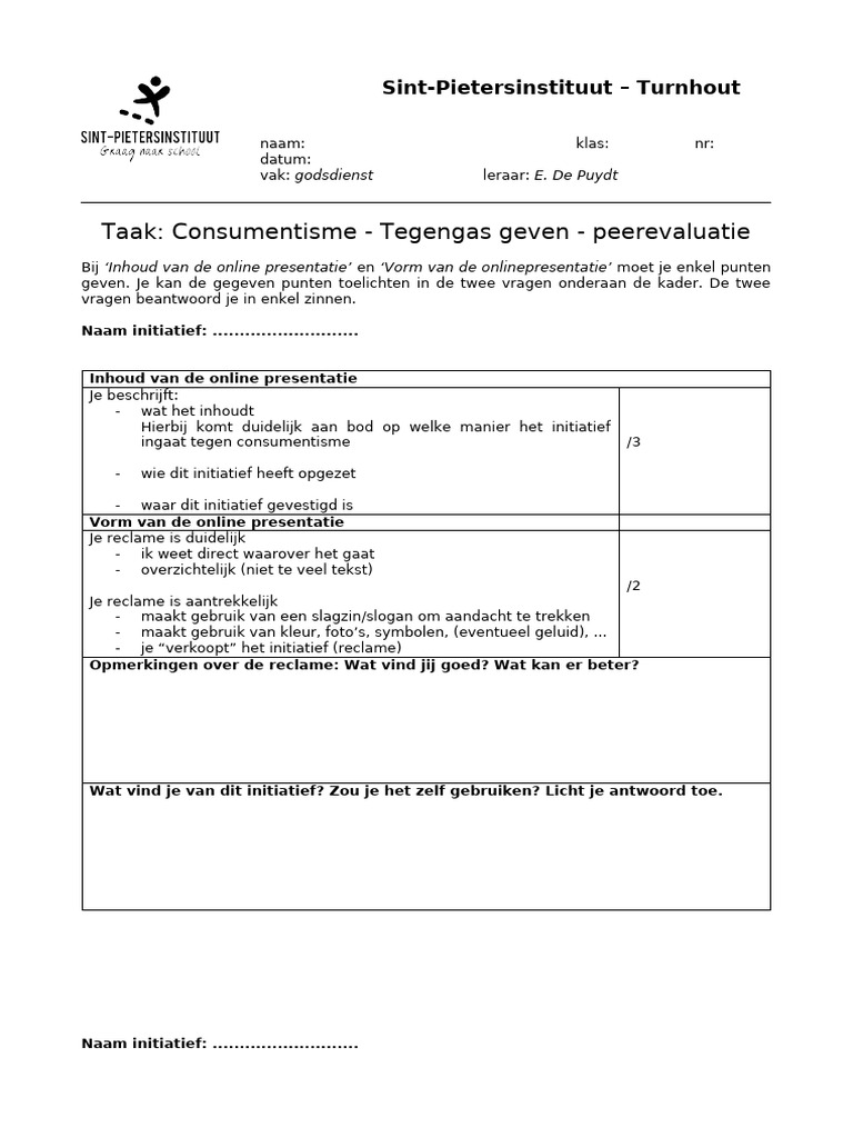 Godsdienst - 4.2 - Taak - Tegengas Geven - Peerevaluatie | PDF