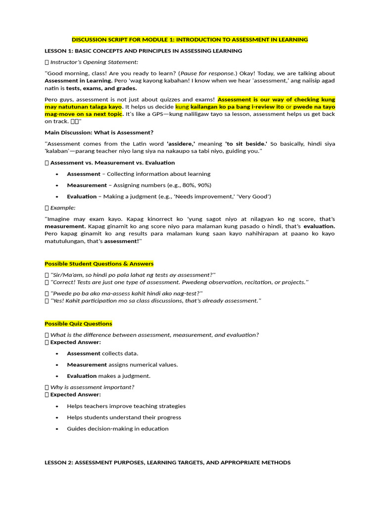 DISCUSSION SCRIPT FOR MODULE 1 | PDF | Educational Assessment ...