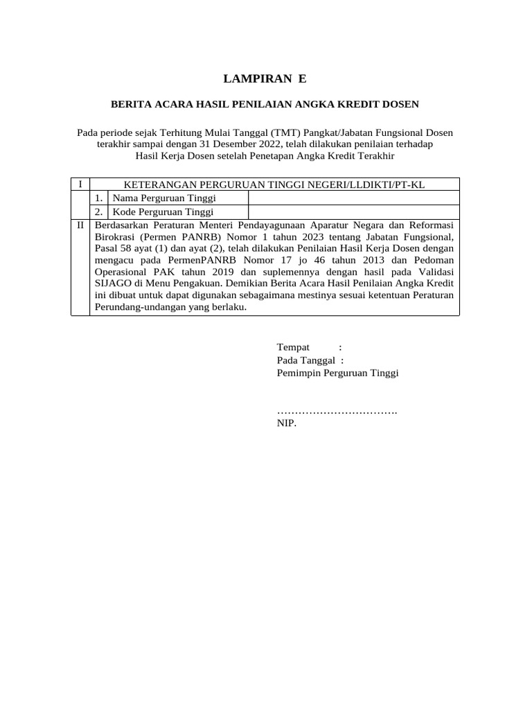 Berita Acara Pengakuan Angka Kredit LAMPIRAN E | PDF