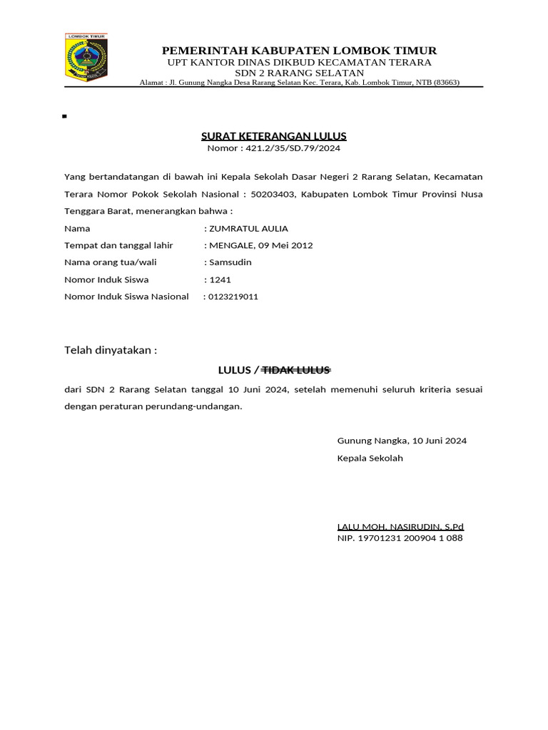 Format Surat Keterangan Lulus [panduanmengajar.com] | PDF