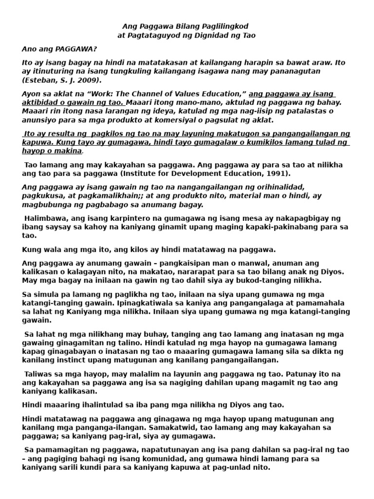 Ang Paggawa Bilang Paglilingkod Outline Form 3 | PDF