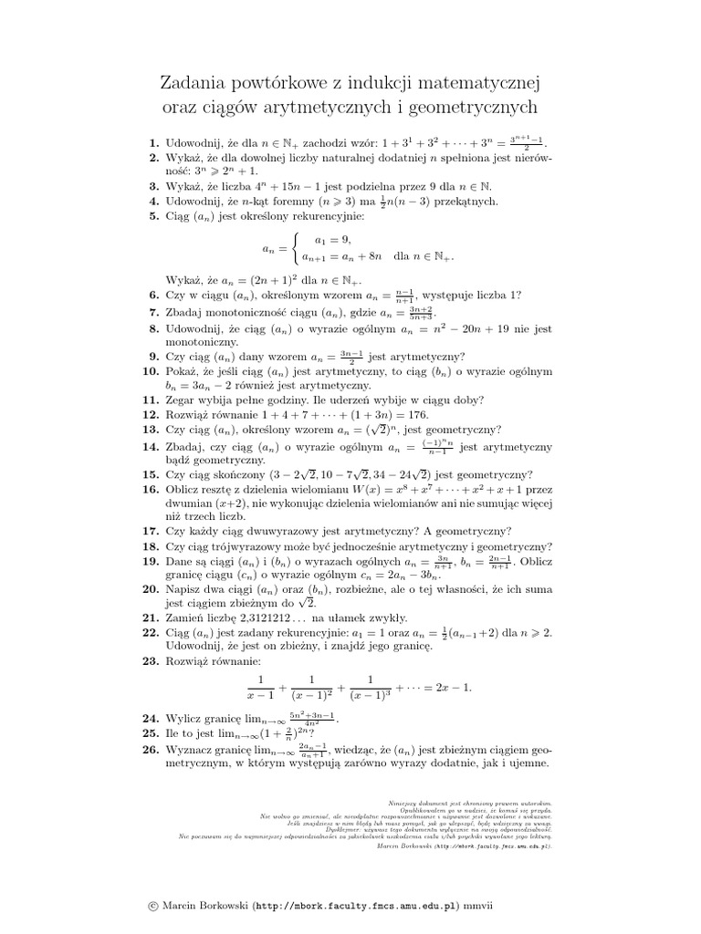 Borkowski Zadania Indukcja Ciagi | PDF