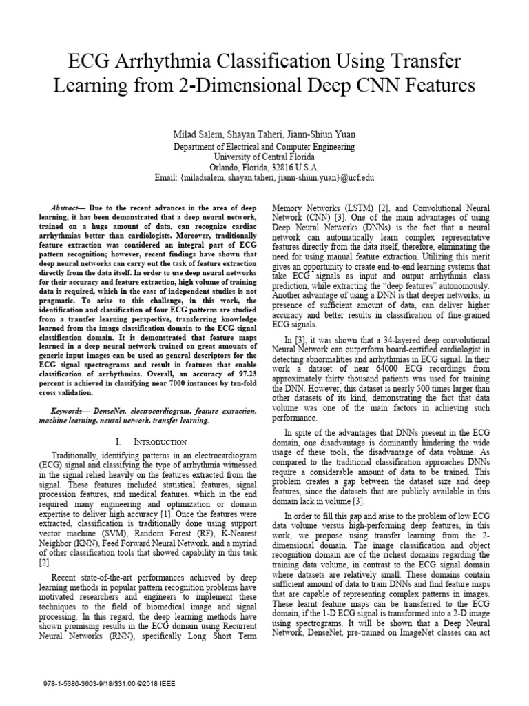 ECG Arrhythmia Classification Using Transfer Learning From 2 - Dimensional Deep CNN Features ...