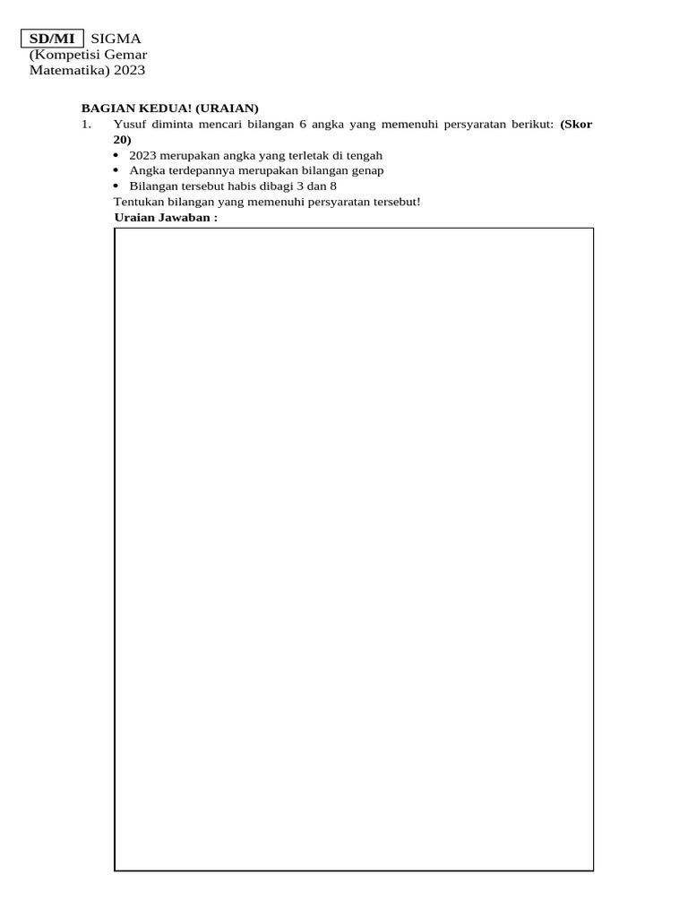 Soal Matematika Sd Mi Sigma 2023 Pdf
