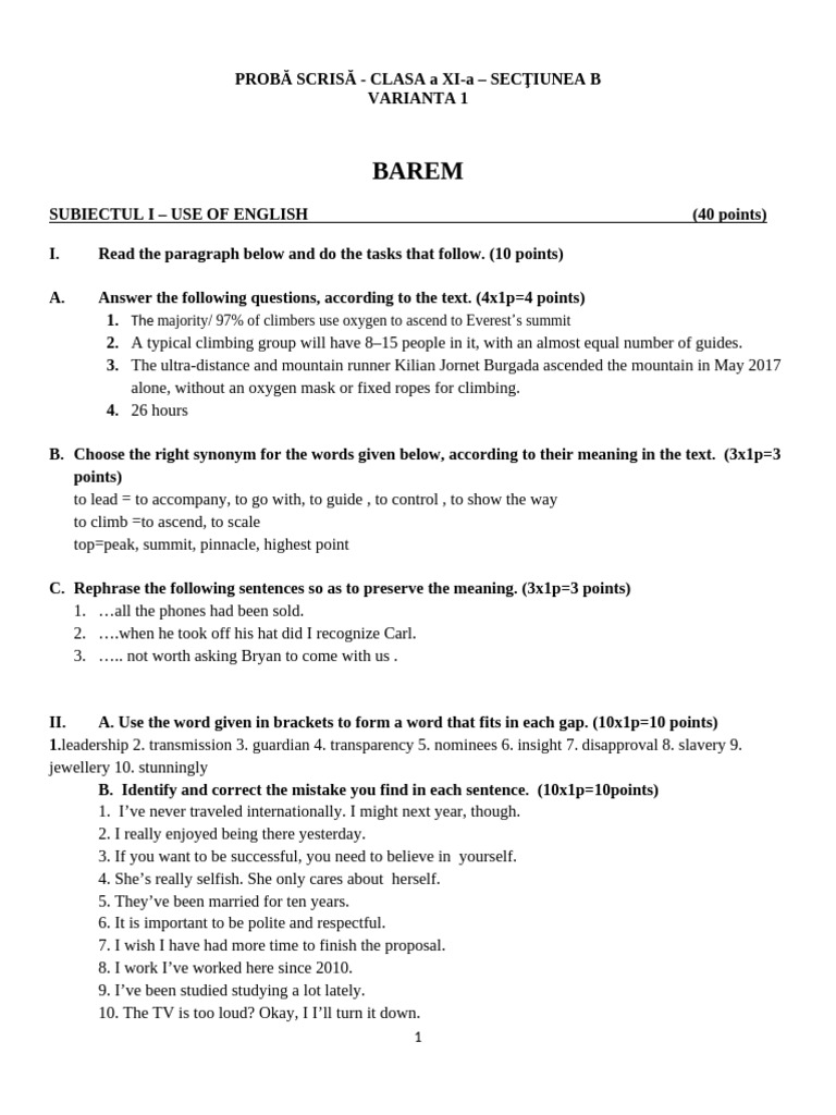 11B Varianta 1 BAREM | PDF | Vocabulary | Human Communication